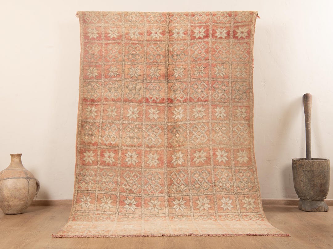 Terracotta and Ivory Distressed Vintage Rug 8x5•checkered Moroccan Rug ...