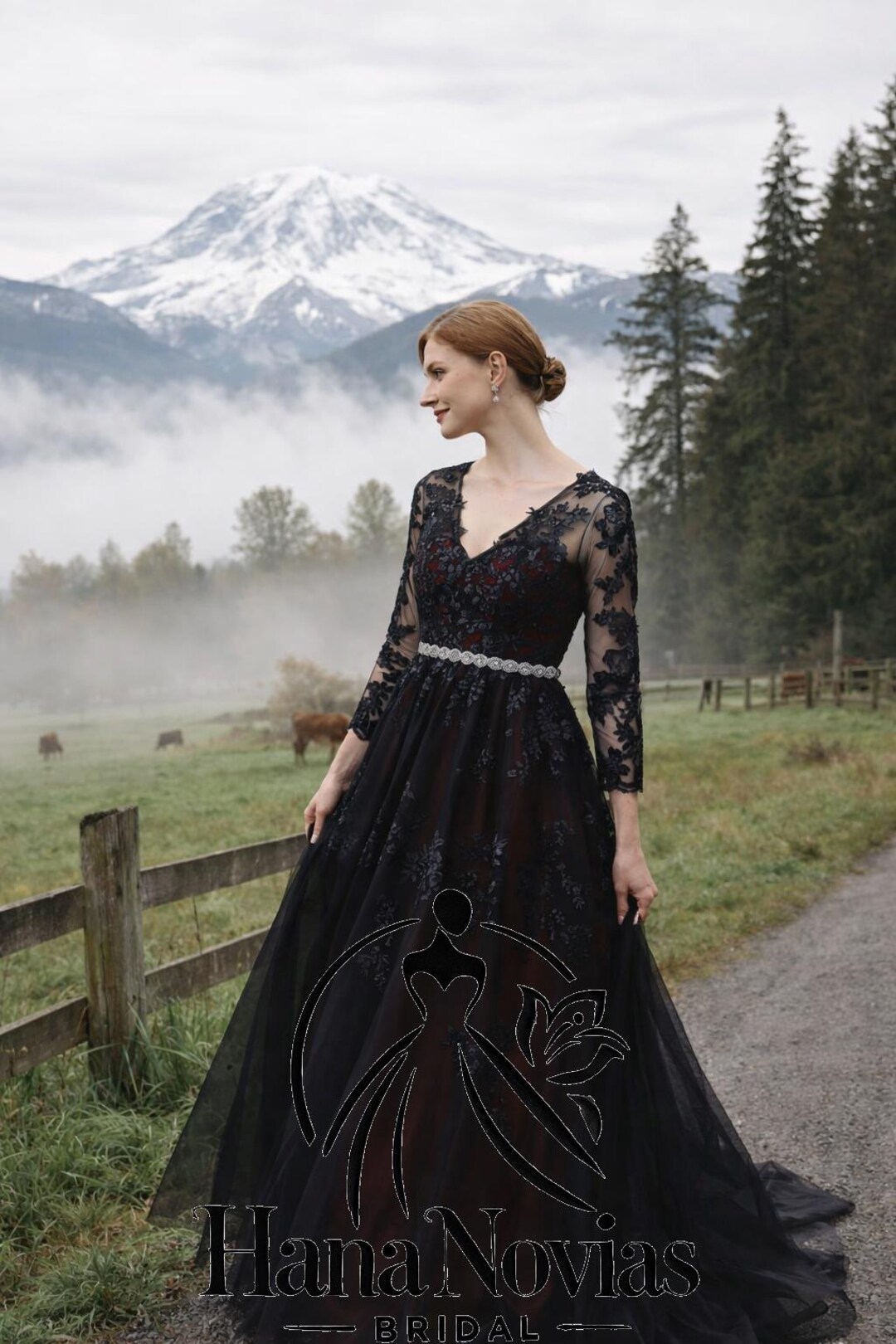 Black Gothic Wedding Dress Mavis | Lace Long Sleeve Bridal Gown ...