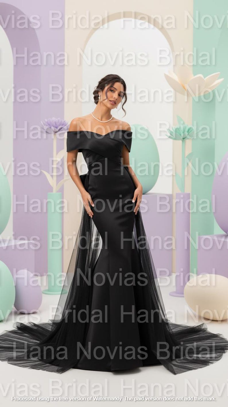 Jeneeva Black Gothic Mermaid Wedding Dress – Off-the-shoulder Satin ...