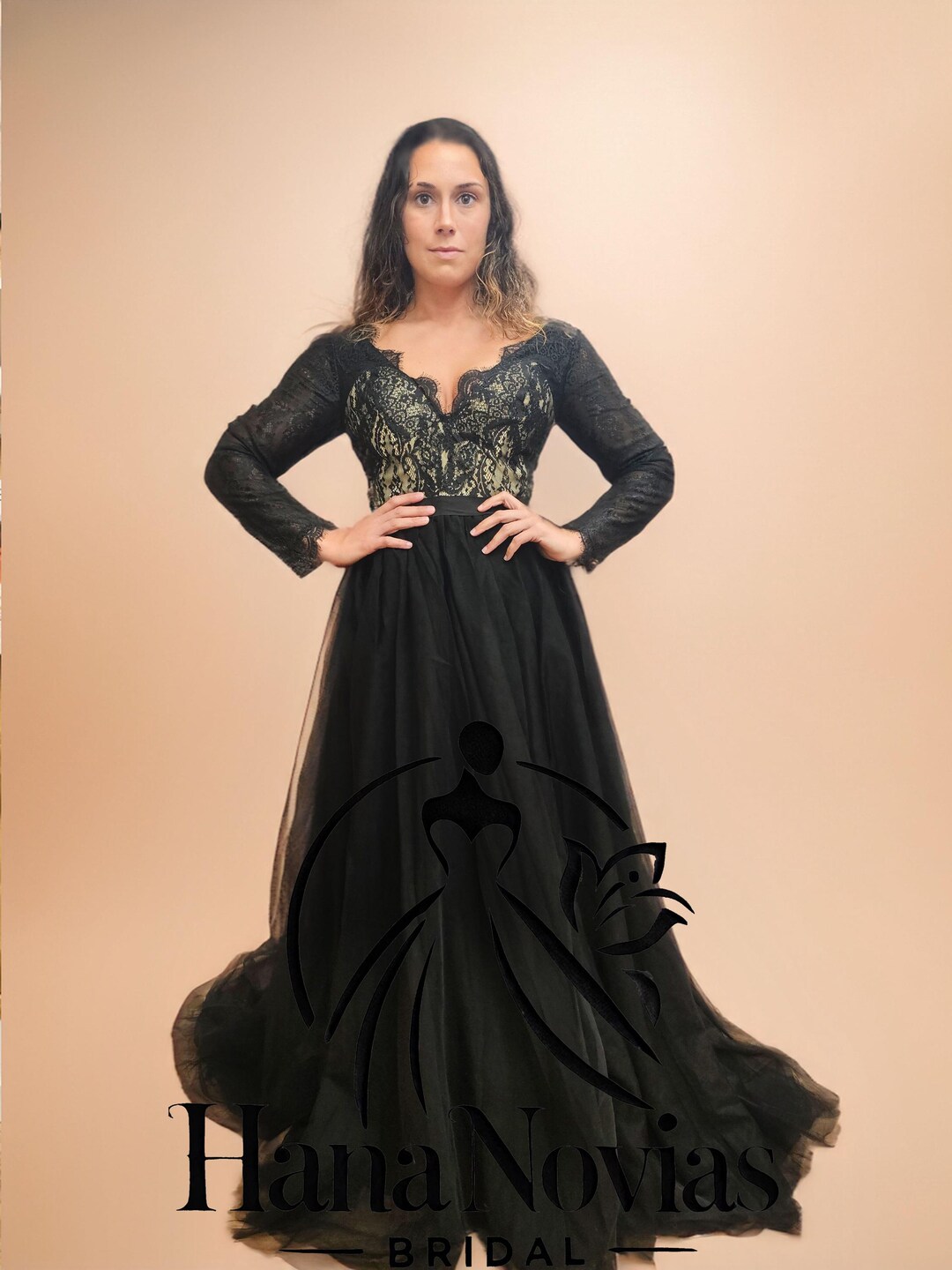 Niamh Black Gothic Wedding Dress – A-line Lace Gown With Long Sleeves ...