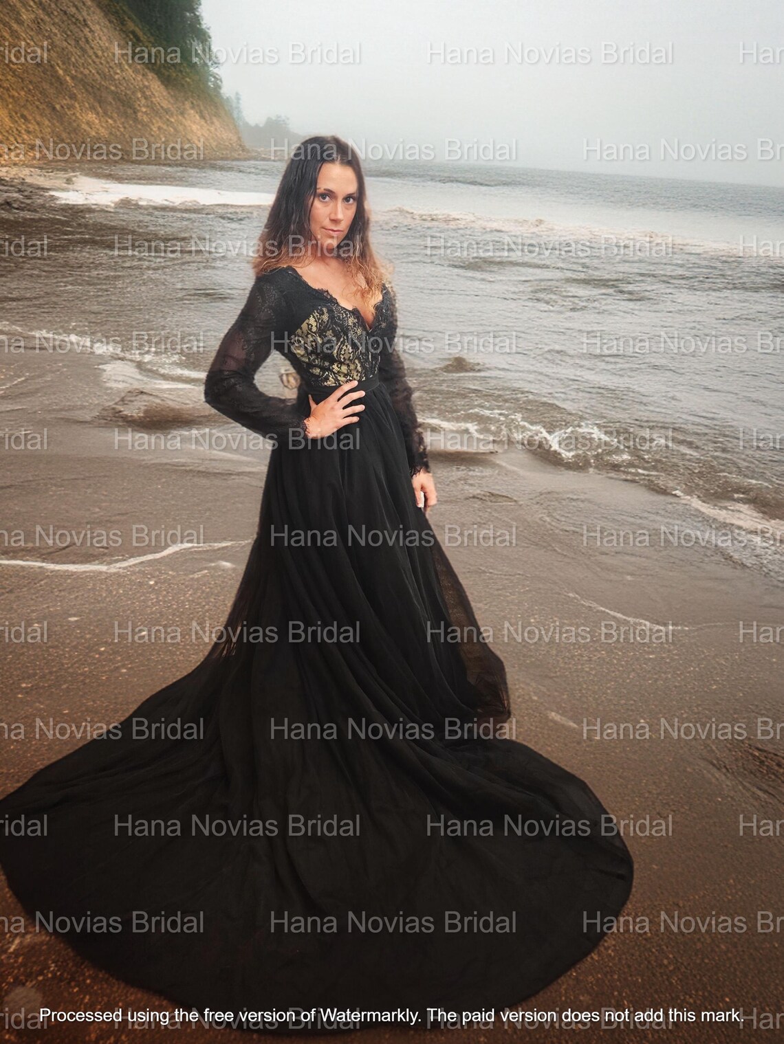 Niamh Black Gothic Wedding Dress – A-line Lace Gown With Long Sleeves ...