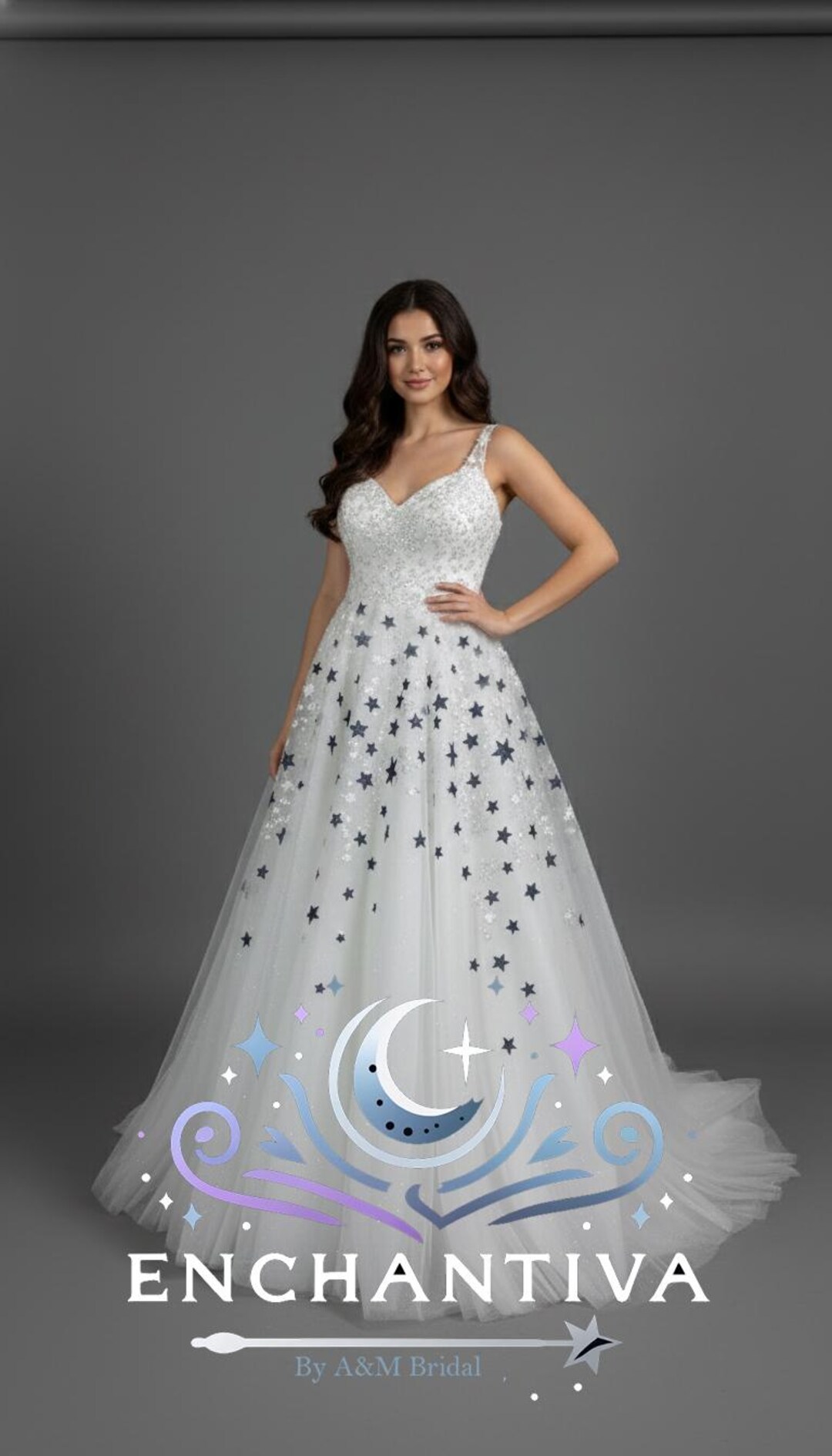 Celestial Wedding Gown – Star Appliqué Tulle Bridal Dress - Etsy