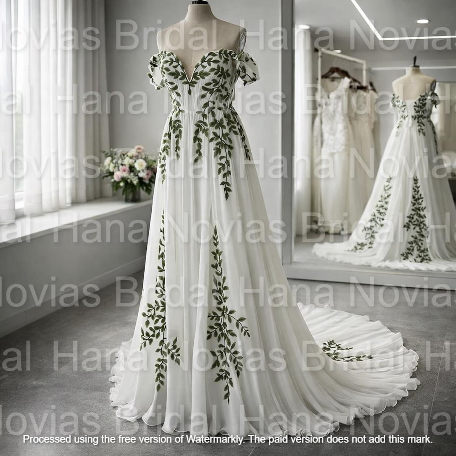 Botanical Wedding Dress With Green Vine Embroidery | Albie A-line ...