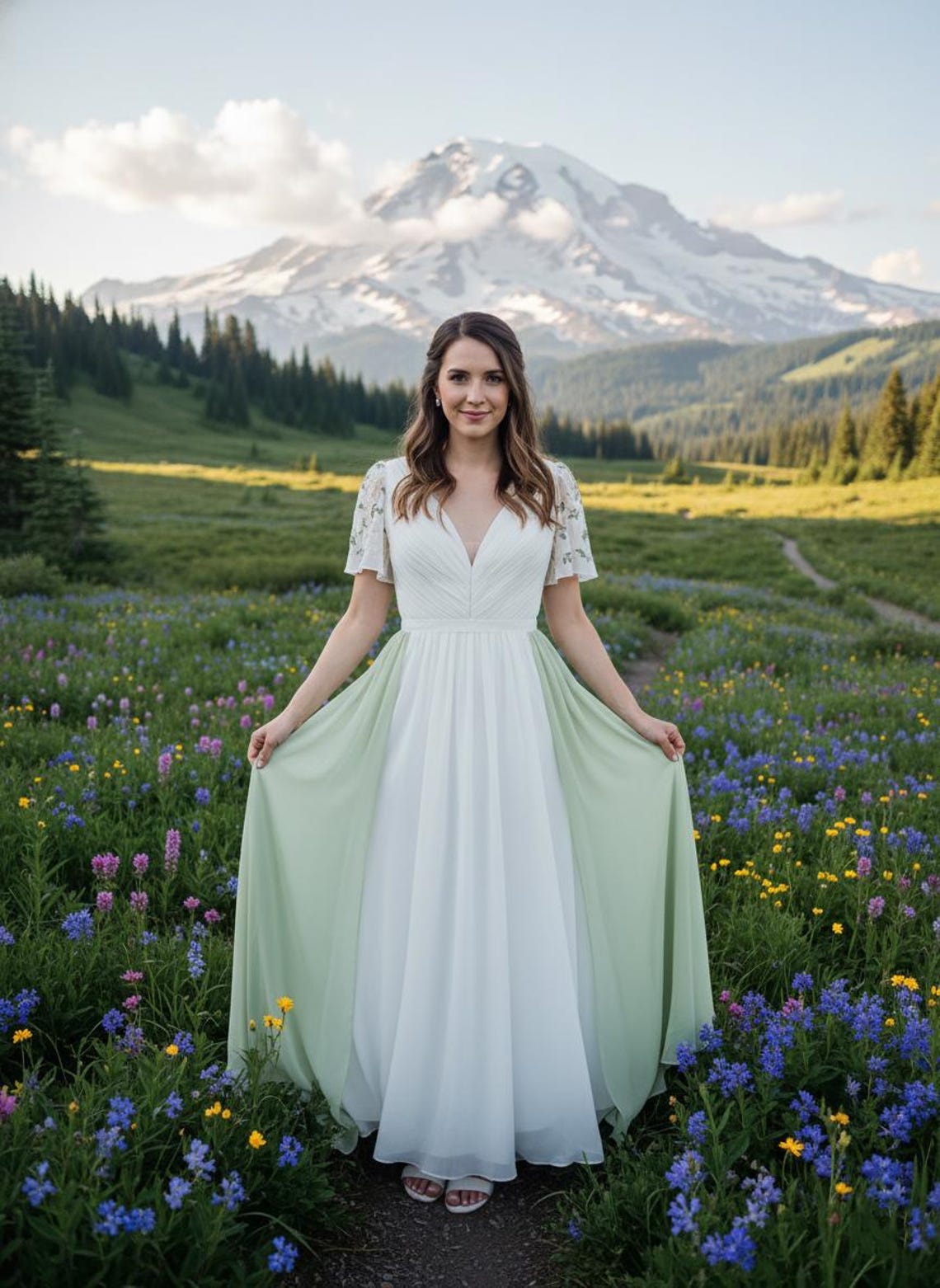 Forest Winks – Green & Ivory Wedding Dress | Ethereal Chiffon Gown With ...