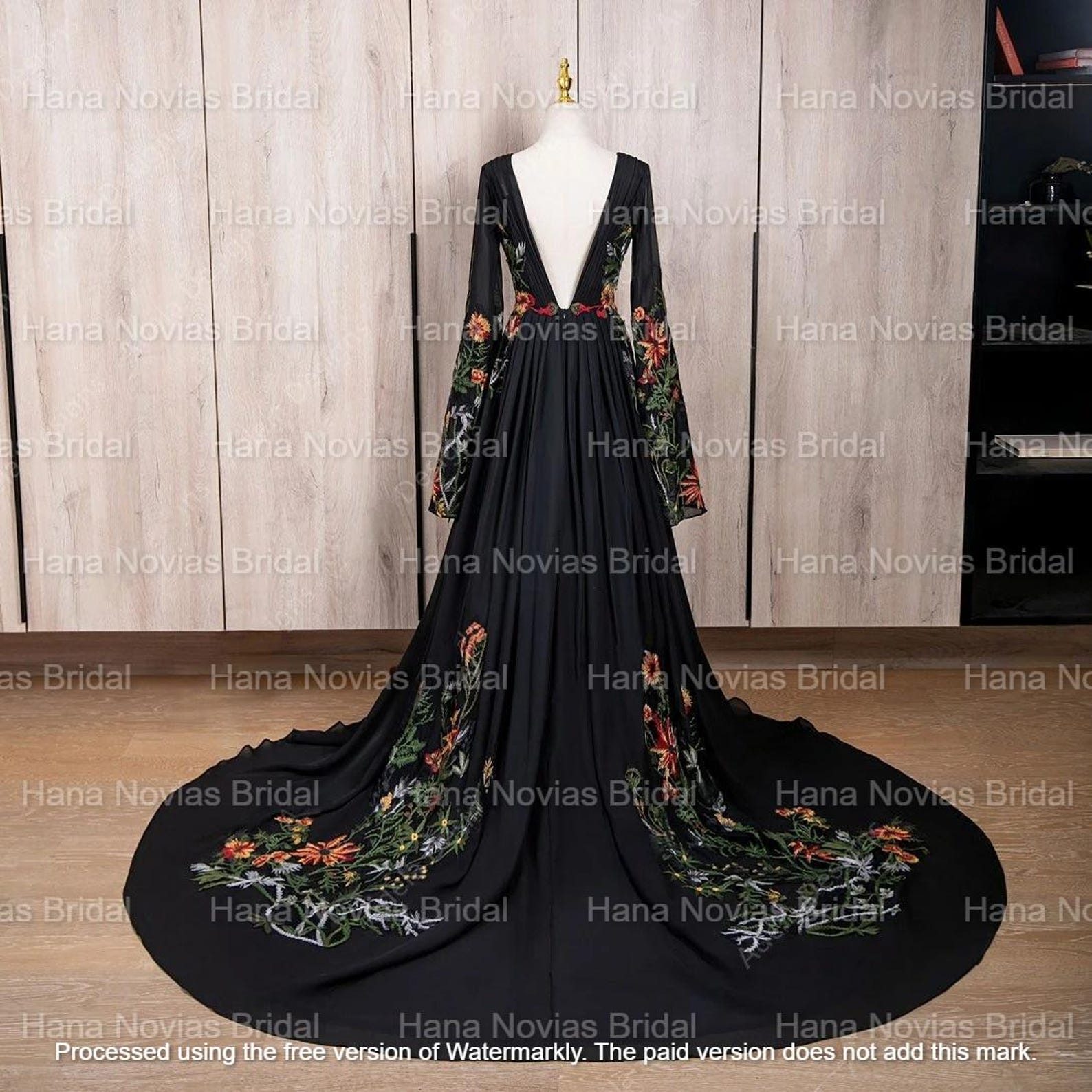 Oriana Gothic Black Wedding Dress – Vintage Chiffon Gown With Floral ...