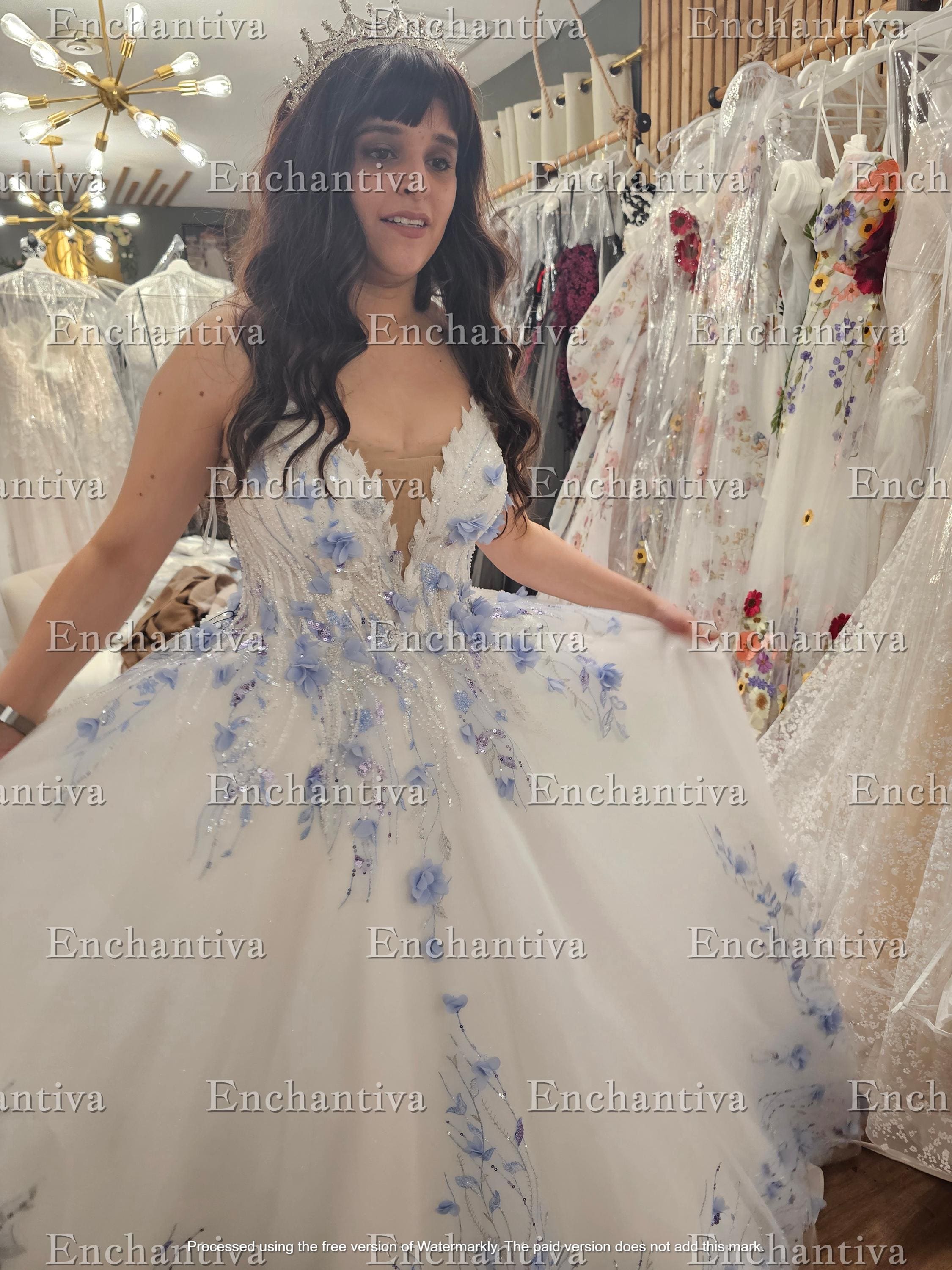 Celeste Ball Gown Wedding Dress Bridal Gown Ivory and Blue 3D Flowers ...