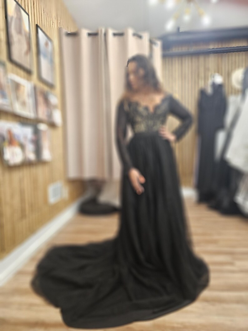 Niamh Black Gothic Wedding Dress – A-line Lace Gown With Long Sleeves ...