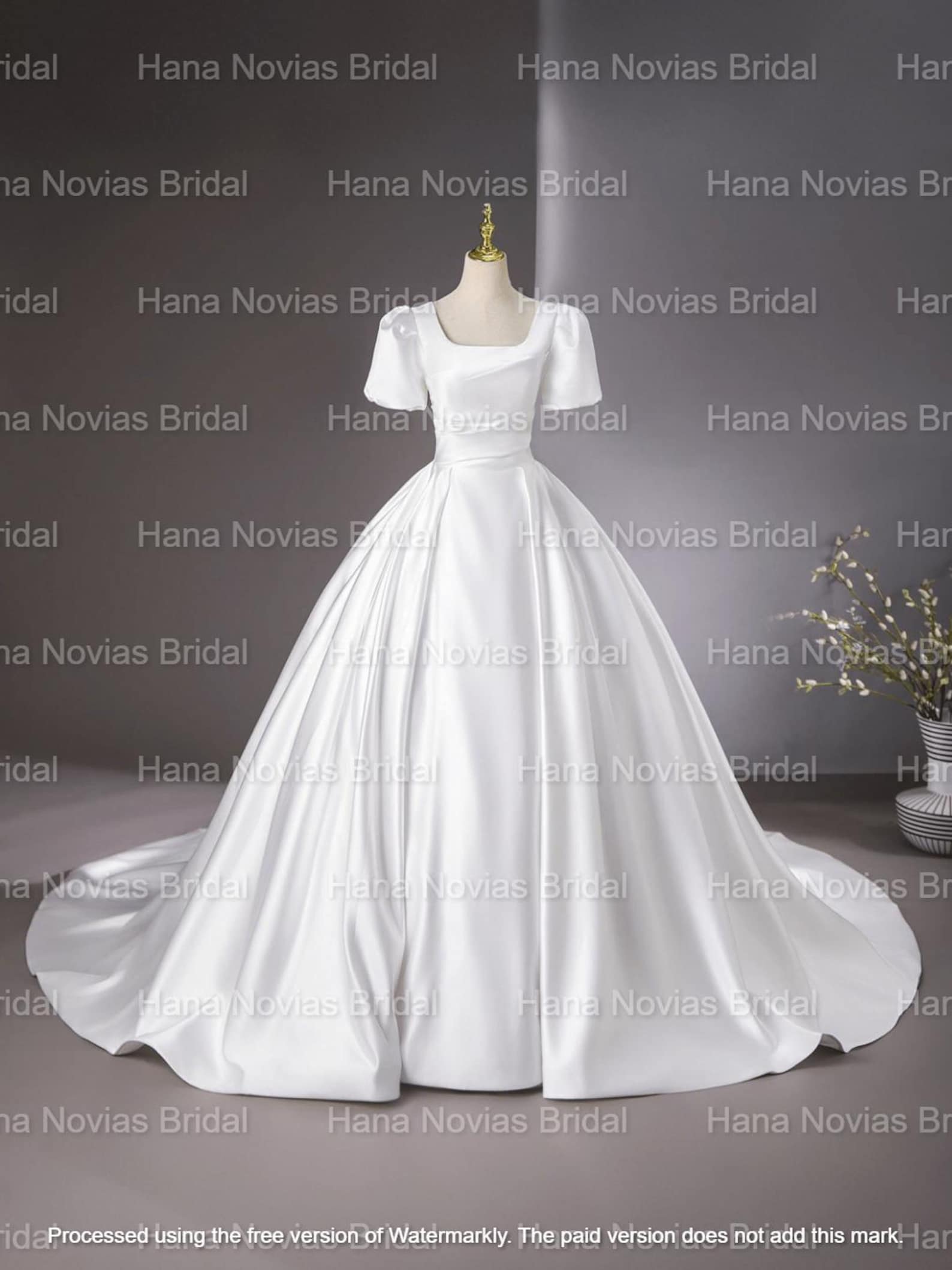 Eulalie Modest Satin Ball Gown Wedding Dress – Square Neckline, Puff ...