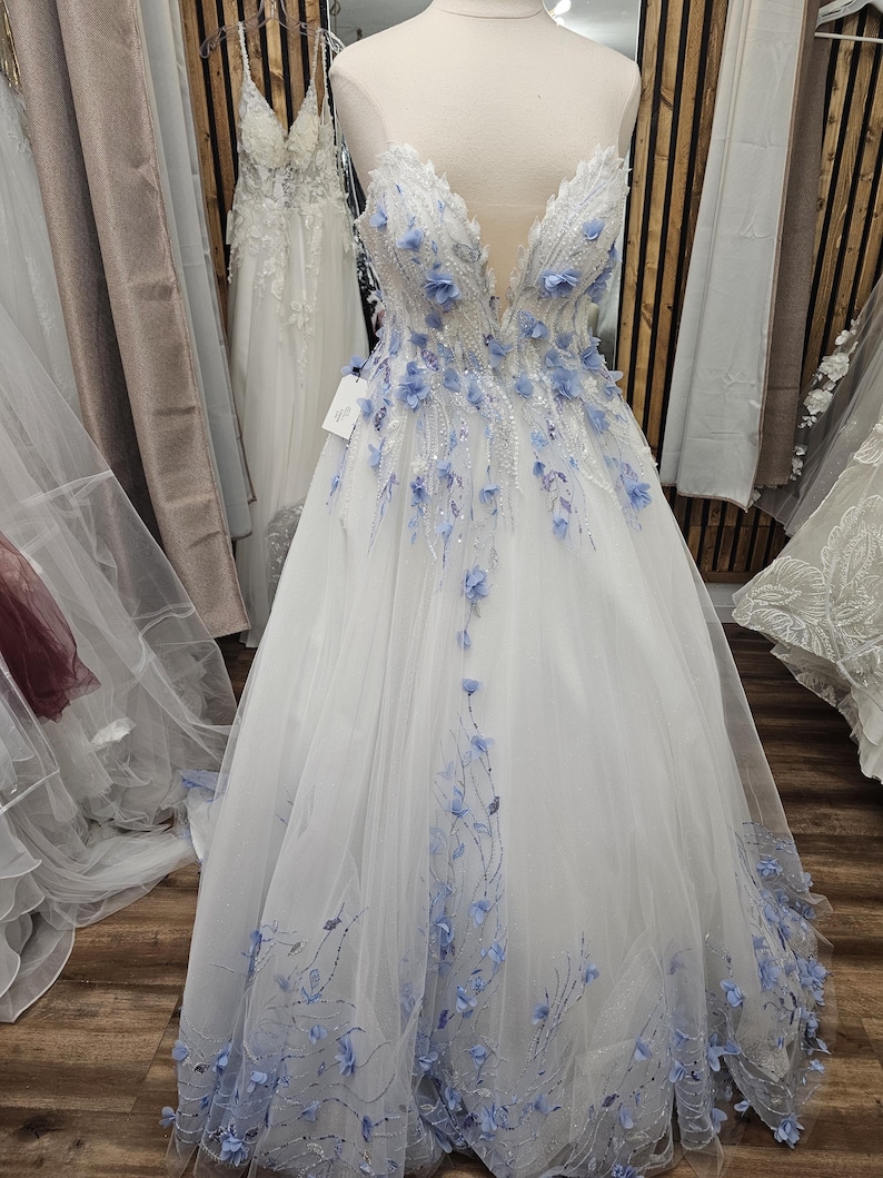 Celeste Ball Gown Wedding Dress Bridal Gown Ivory and Blue 3D Flowers ...