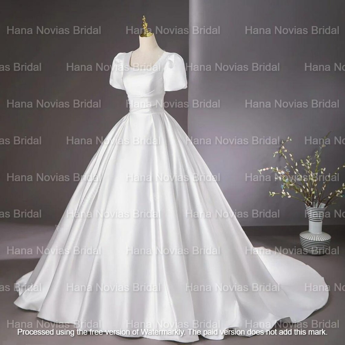 Eulalie Modest Satin Ball Gown Wedding Dress – Square Neckline, Puff ...