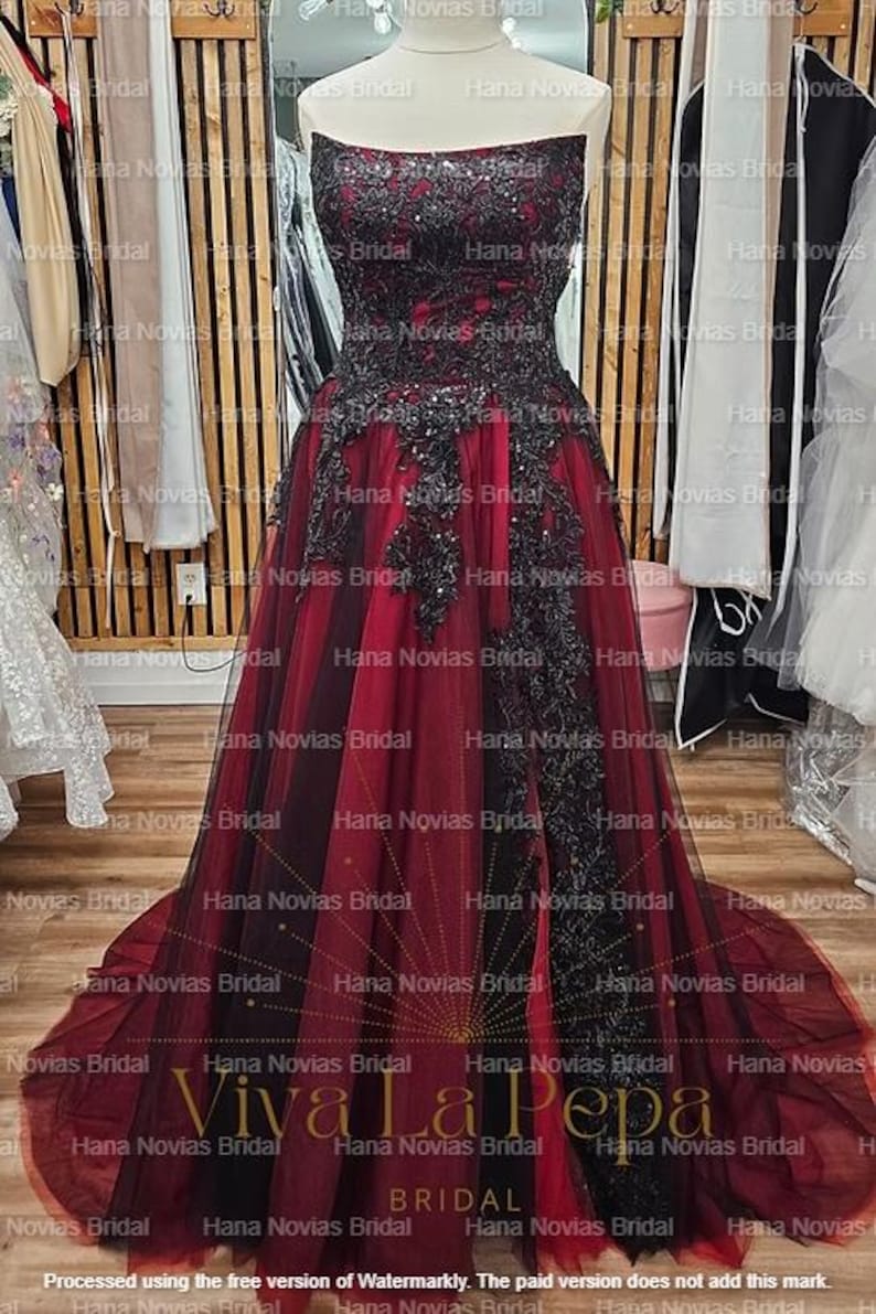 Roseblood Gothic Red and Black Wedding Dress – Strapless Lace Bridal ...