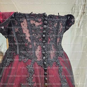 Gothic Black and Burgundy Wedding Dress With Lace, Off-shoulder Corset ...