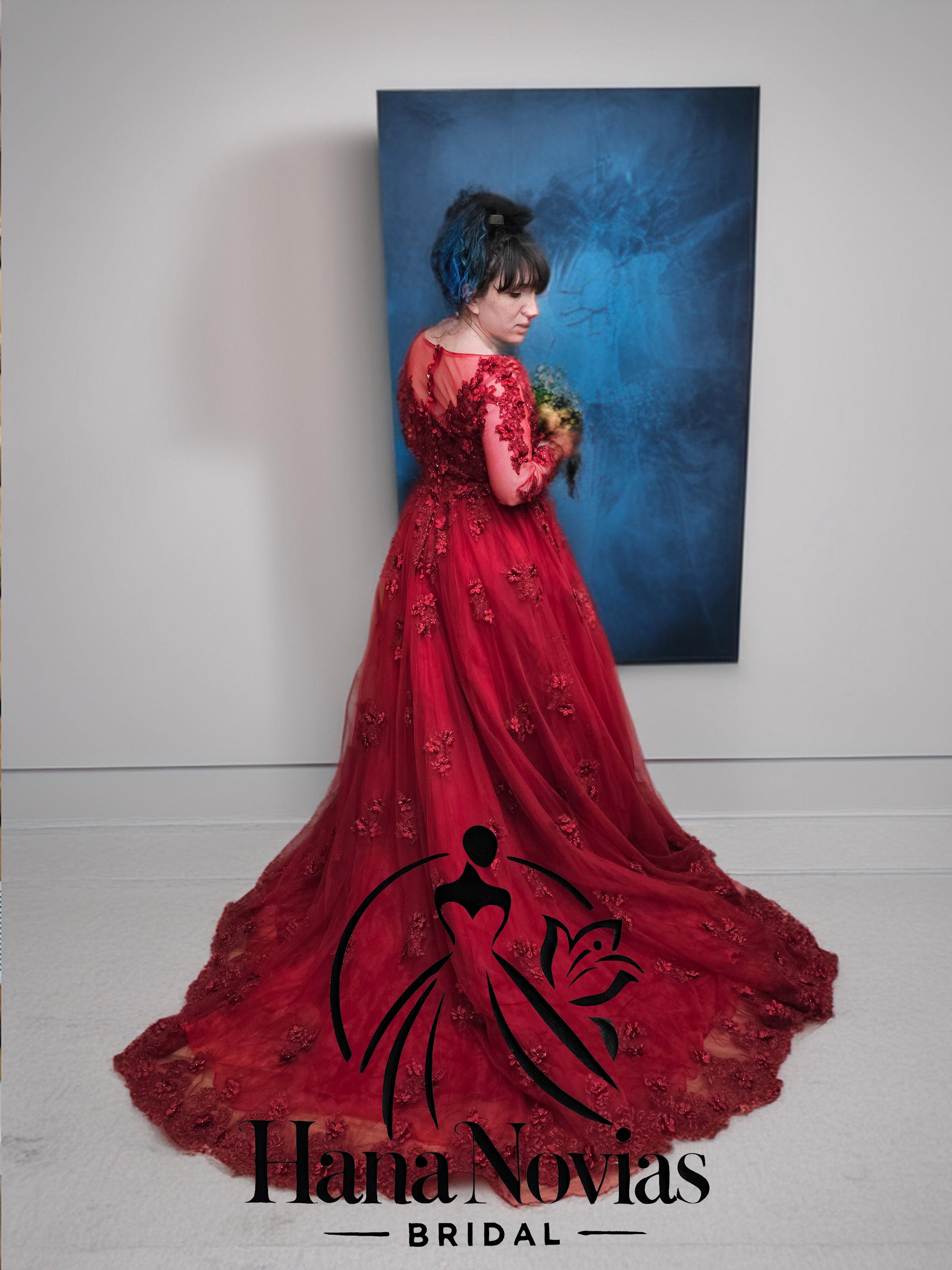 Ruby Wedding Dress – Striking Red Gown With Exquisite Lace Appliqués ...