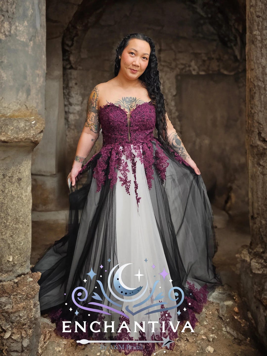 Twilight Elegance Aline Wedding Dress Bridal Gown Black White Purple ...