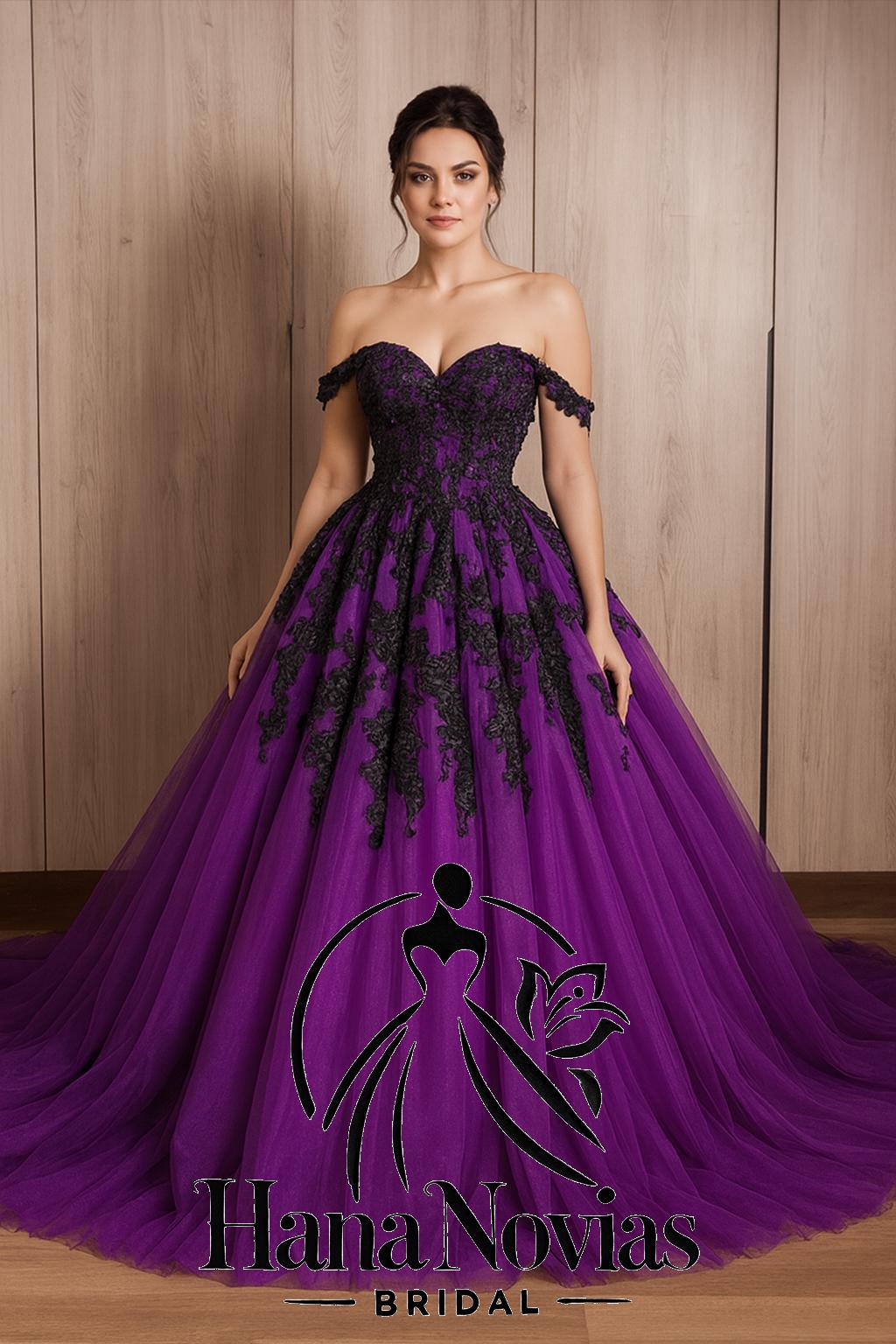 Aviva Purple and Black Gothic Wedding Dress | Dramatic Ball Gown With ...