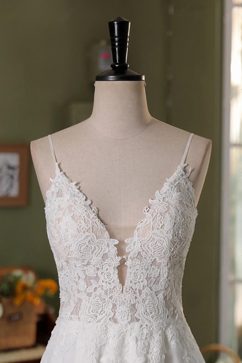 Micaela A-line Lace Appliqué Chiffon Wedding Dress – Spaghetti Strap ...