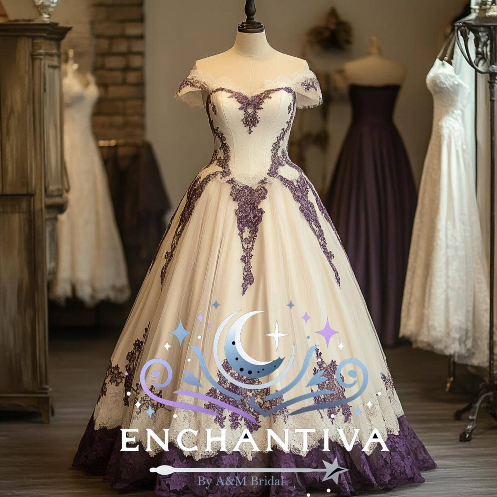 Amethyst Elegance Wedding Dress – Off-white A-line Gown With Purple ...