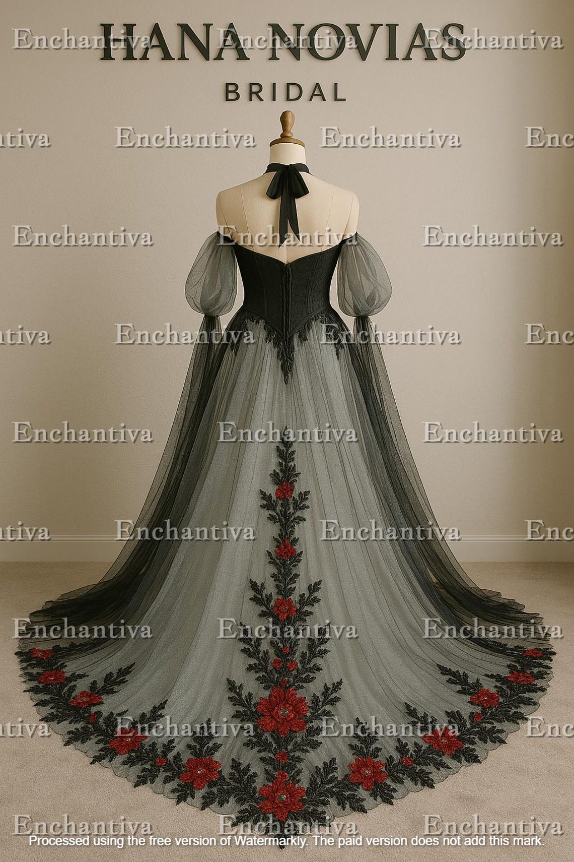 Gothic Black and Red Wedding Dress With Sleeves | Floral Tulle Ball ...