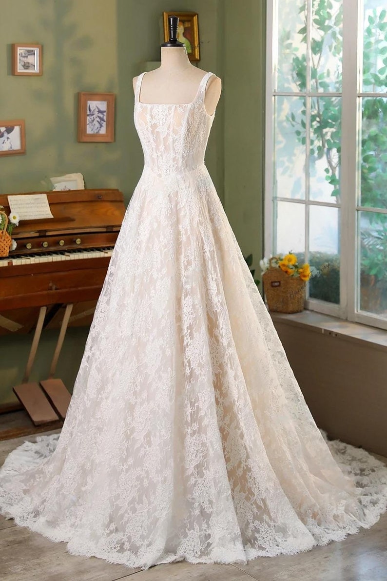 Aimee – Elegant Lace A-line Wedding Dress With Square Neckline, Scoop ...