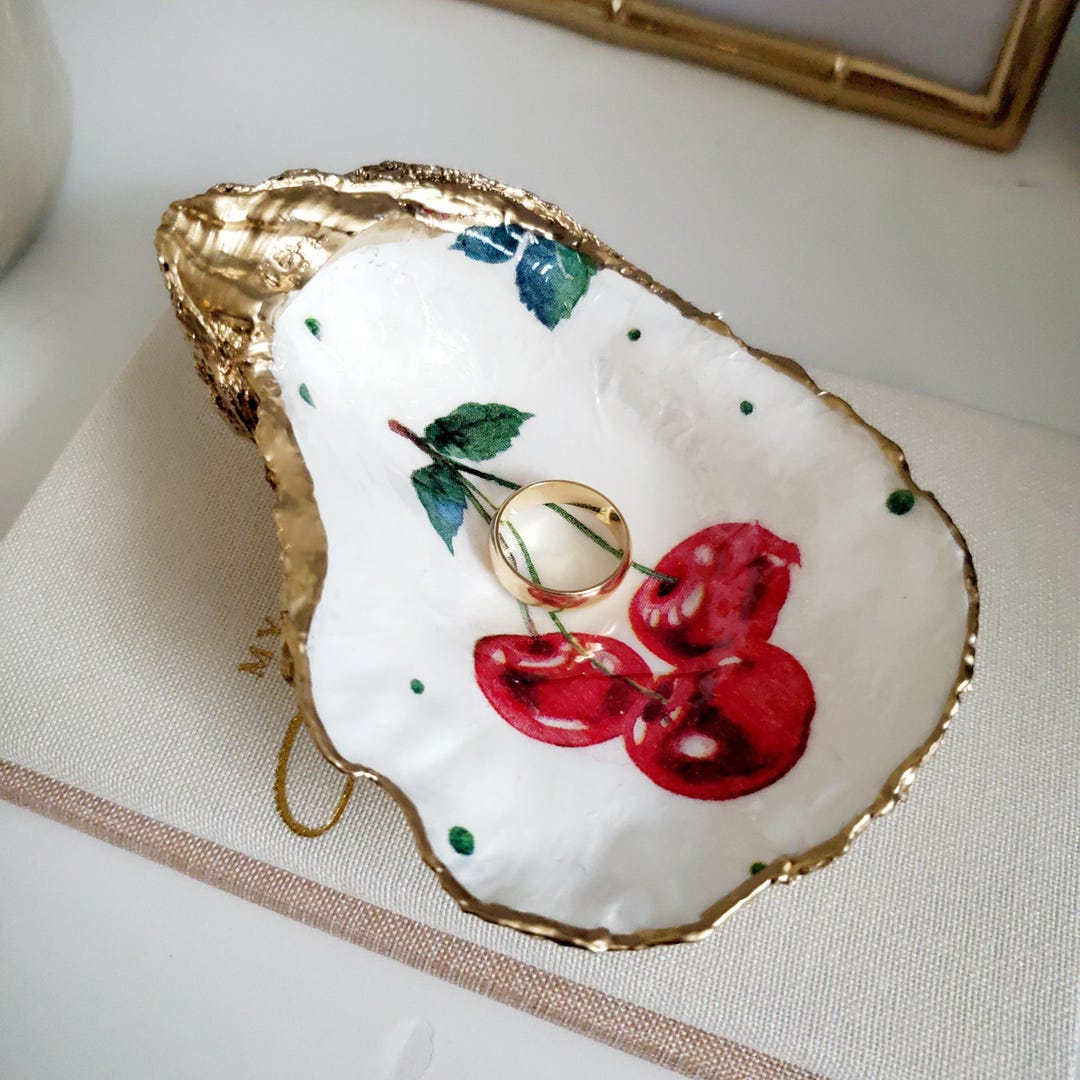 Cherry Oyster Shell Ring Dish, Cherries Trinket Dish, Jewelry Dish, Proposal Gift, Bridesmaid ...