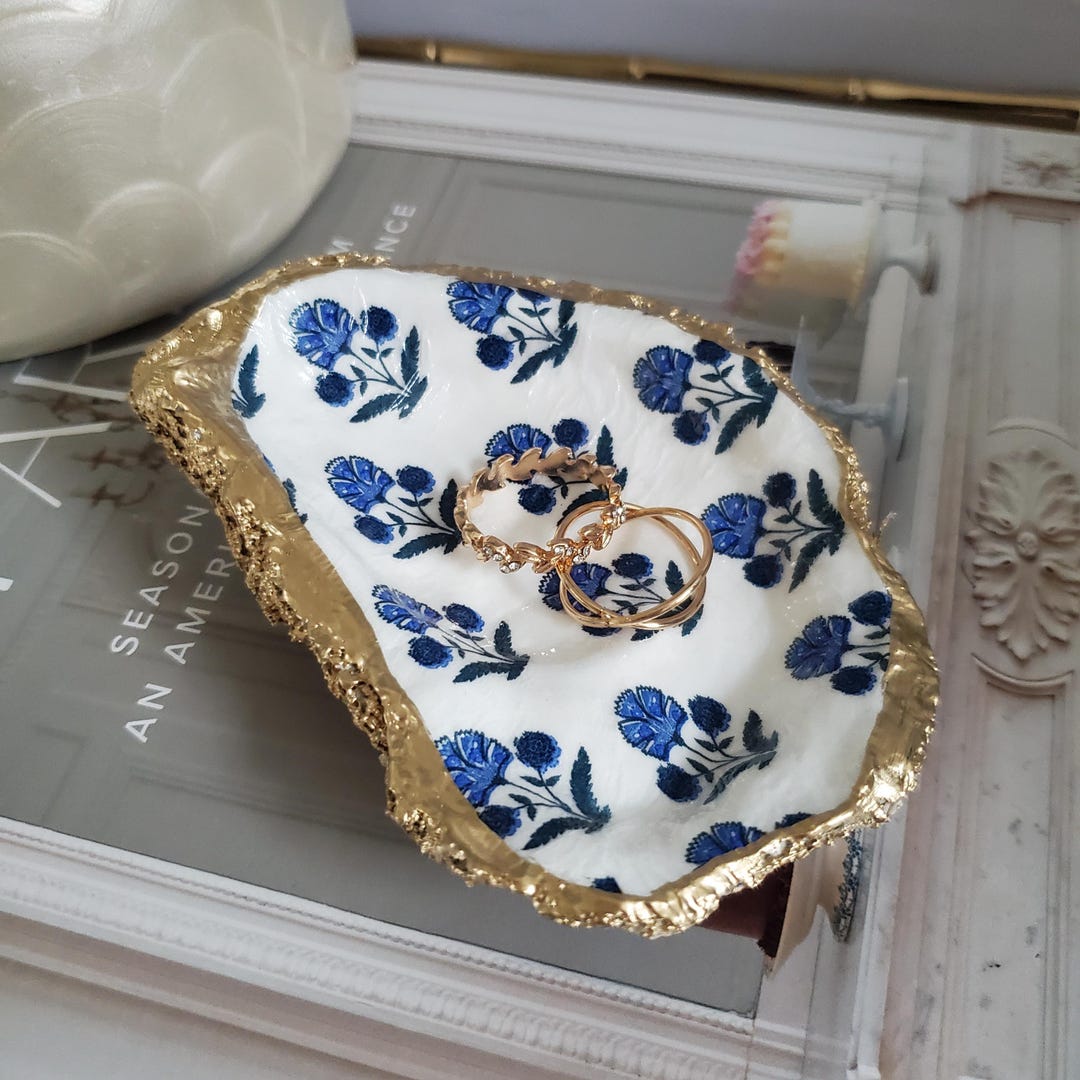 Blue and White Oyster Shell Ring Dish, Floral Block Print Dish, Engagement Gift, Wedding Gift ...