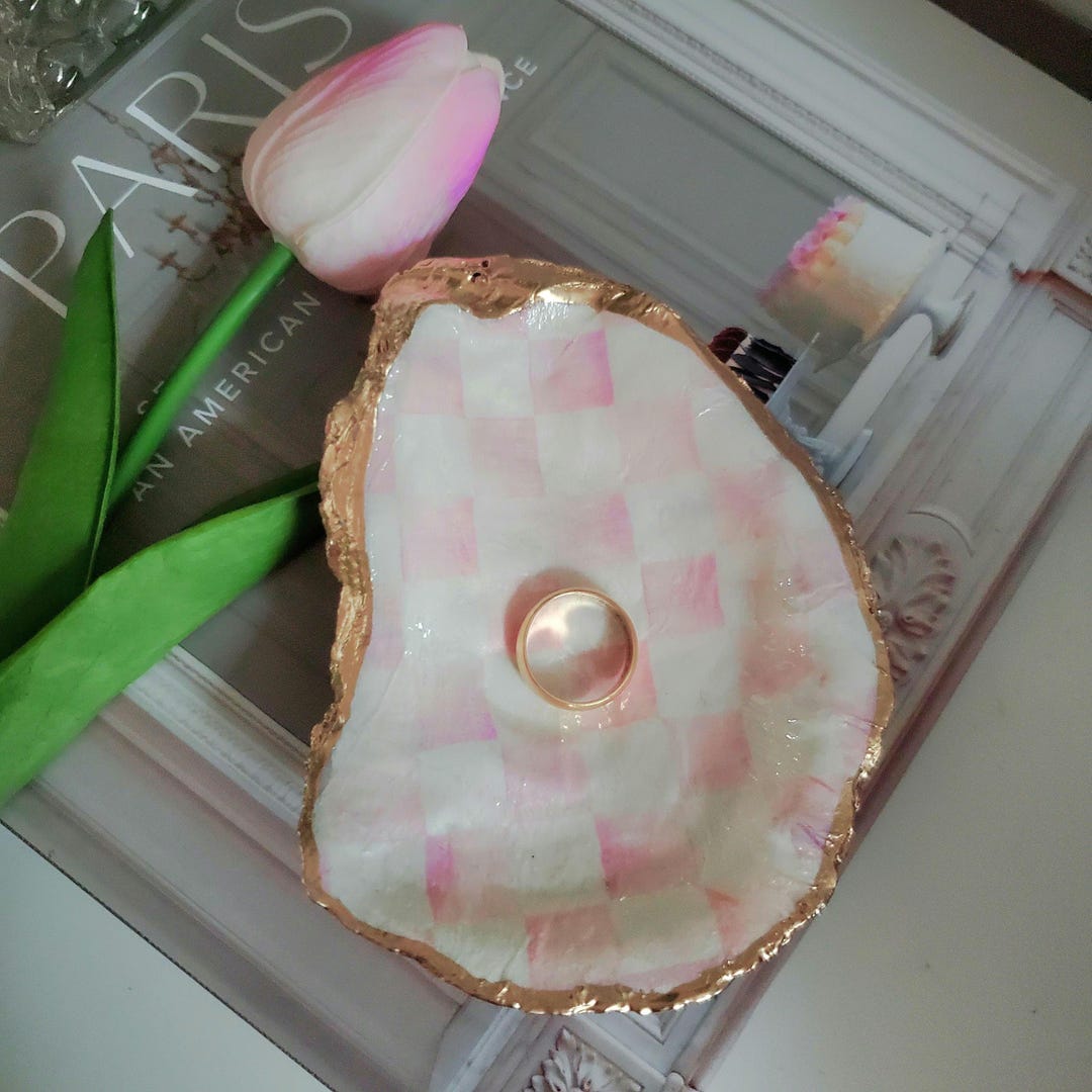 Pink and White Checkered Oyster Shell Ring Dish, Rosy Trinket Dish ...