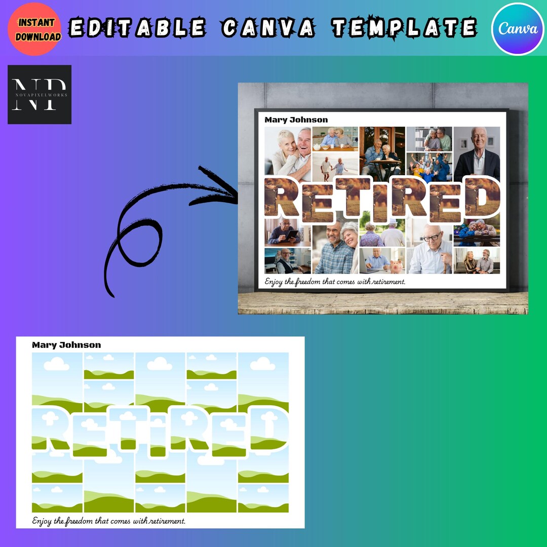 Editable Retired Photo Collage Canva Template | Personalized Retirement ...