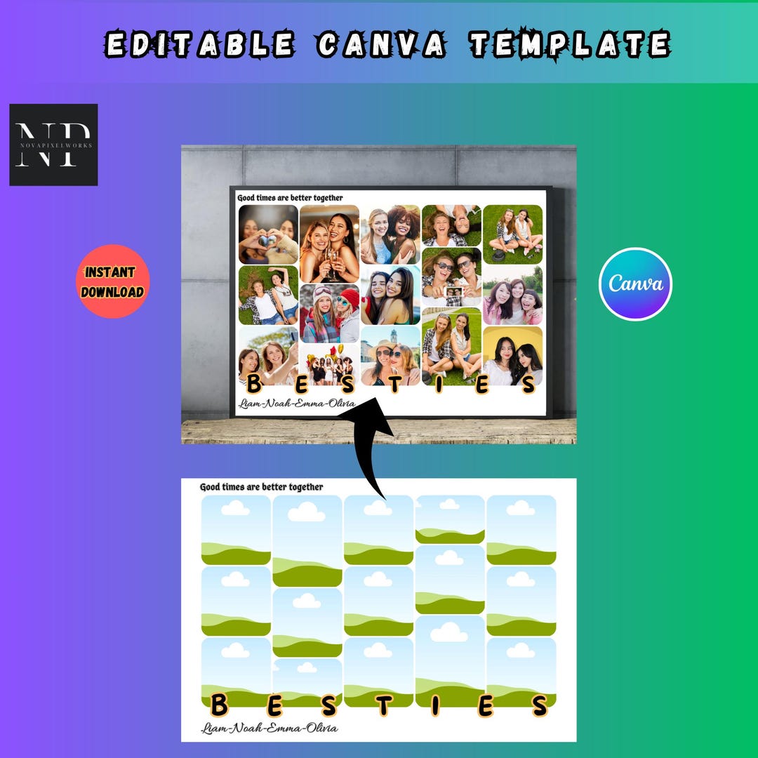 Besties Photo Collage Canvas Template, Friendship Wall Art Digital ...