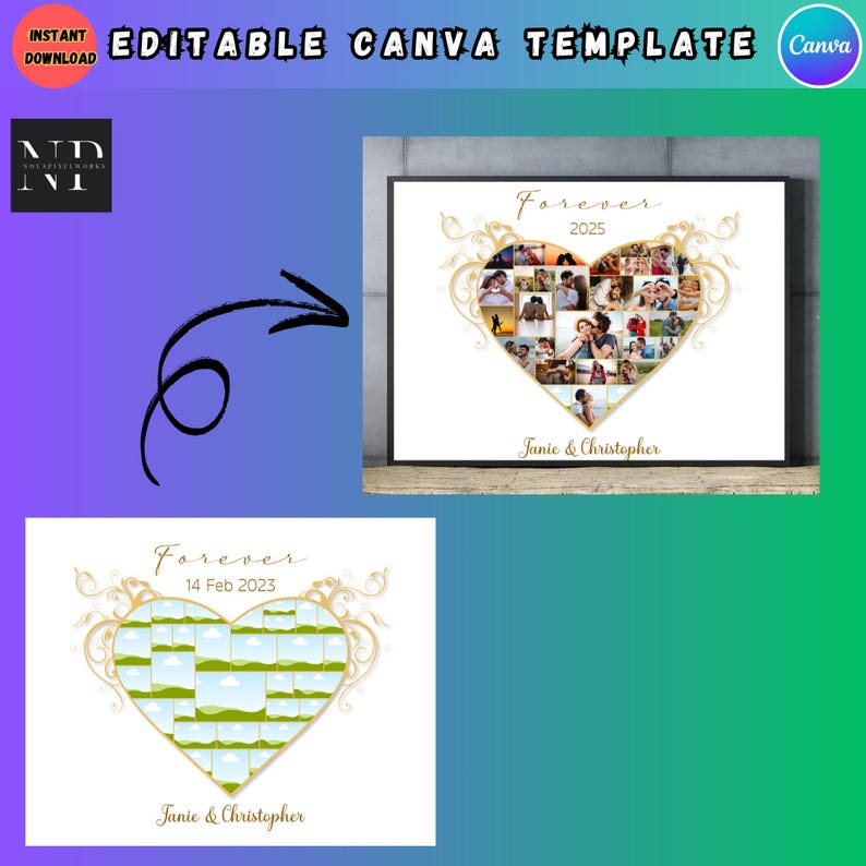 Heart Photo Collage Template - Custom Family & Birthday Art - Instant ...