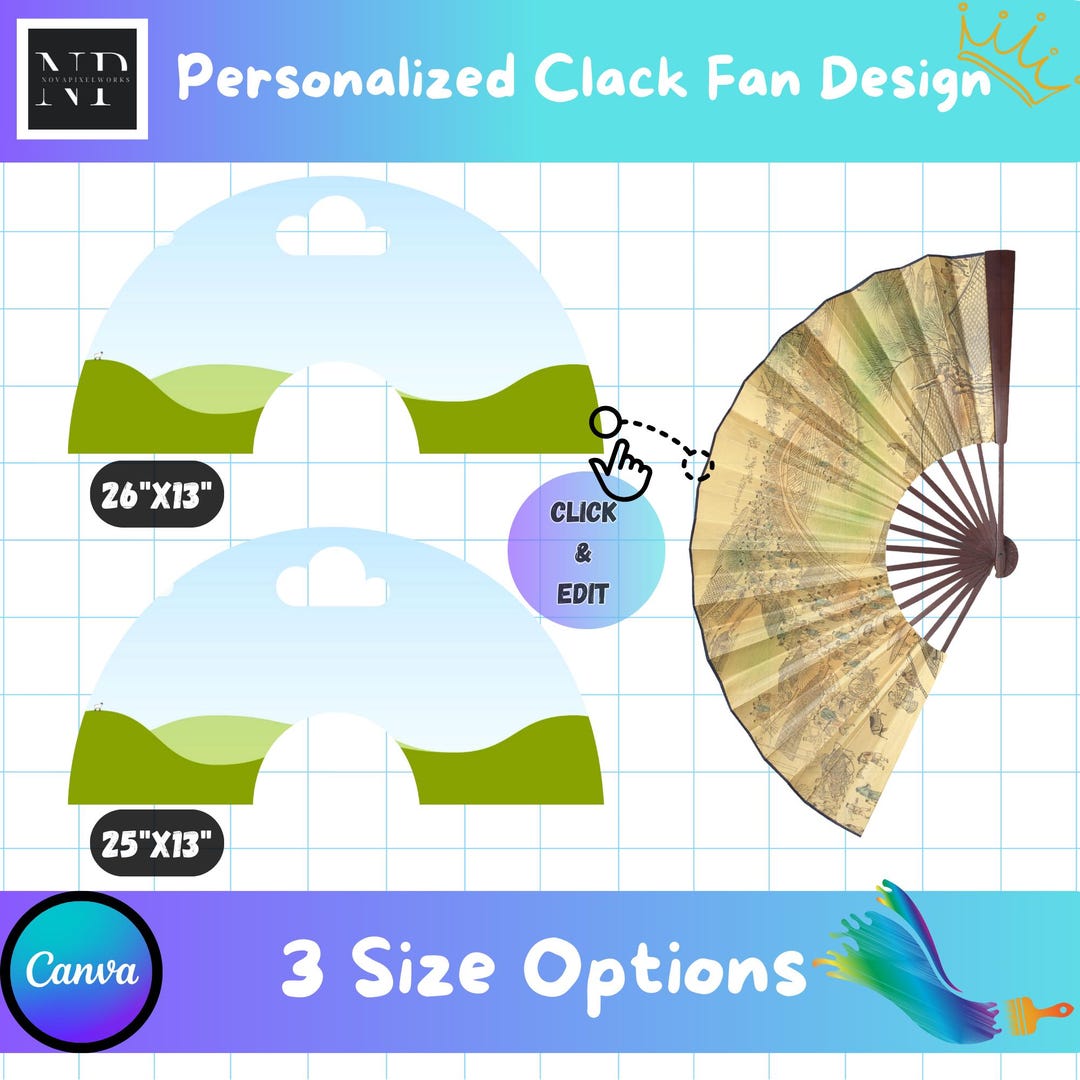 Editable Clack Fan Canvas Template, 26in & 25in Chinese Fan, Drag and ...