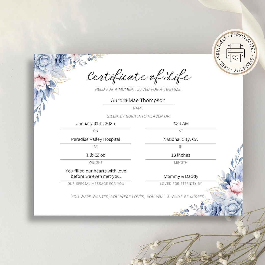 Personalized Stillbirth Certificate of Life: Remembrance Keepsake (PDF ...
