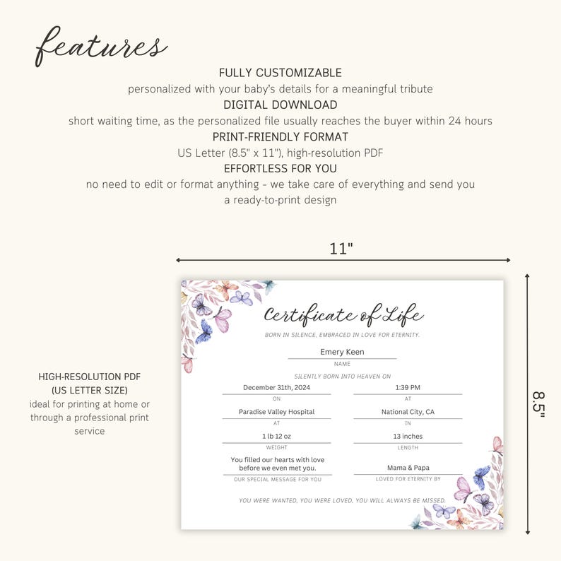 Personalized Printable Certificate of Life for Stillbirth, Digital ...