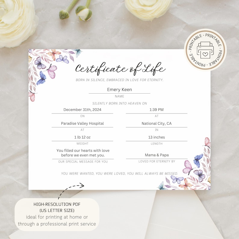 Personalized Printable Certificate of Life for Stillbirth, Digital ...