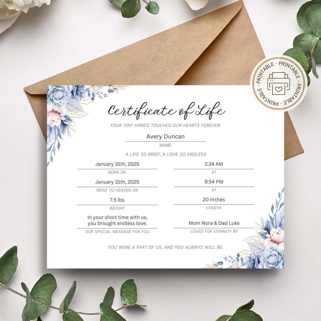 Personalized Printable Certificate of Life for Neonatal Loss, Digital ...