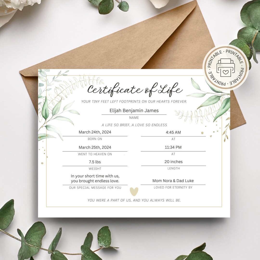 Personalized Printable Certificate of Life for Neonatal Loss, Digital ...