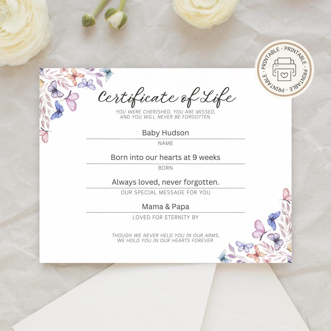 Butterfly Certificate of Life, Infant Loss Memorial, Miscarriage Print ...