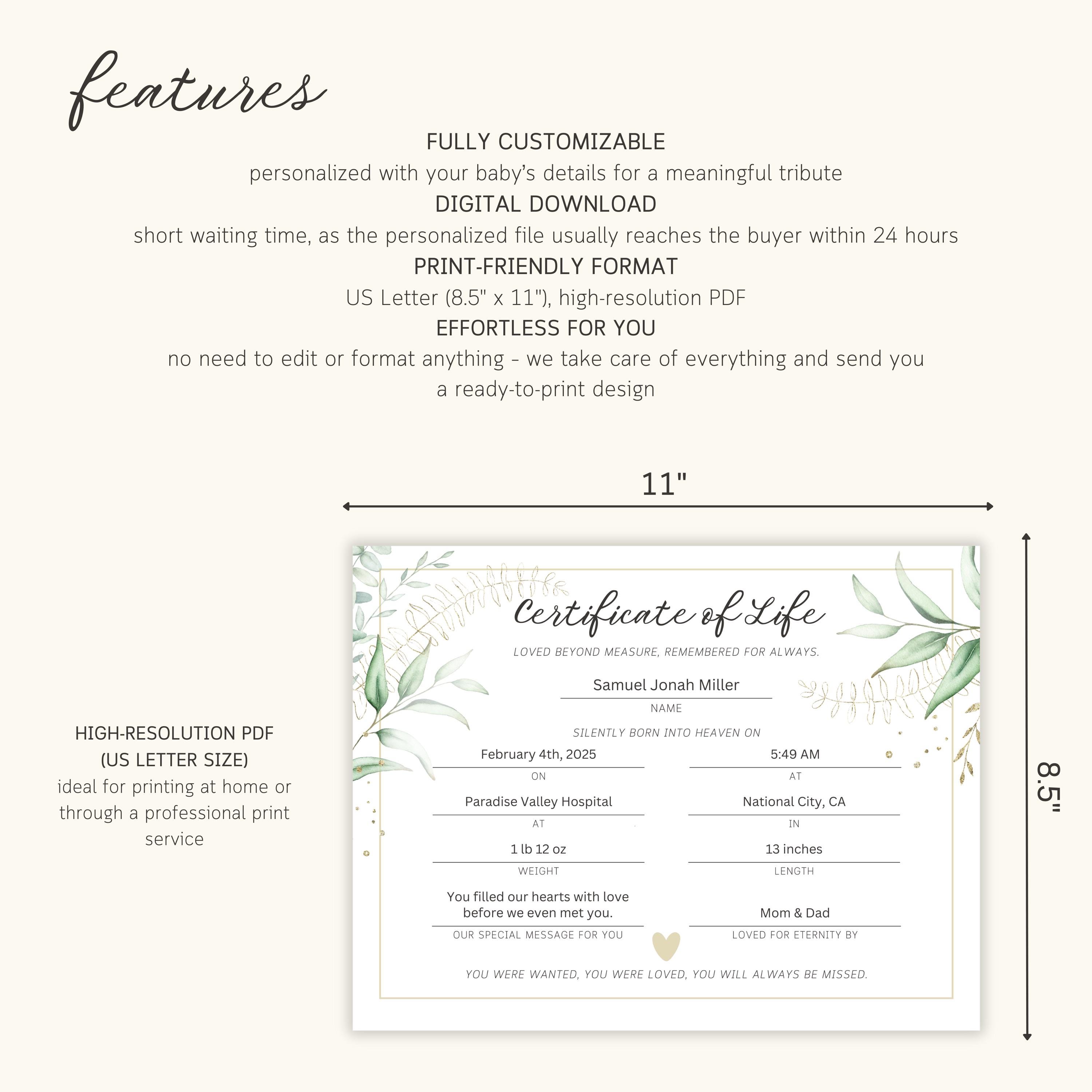 Personalized Printable Certificate of Life for Stillbirth, Digital ...