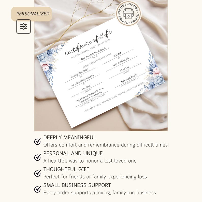 Personalized Printable Certificate of Life for Stillbirth, Digital ...