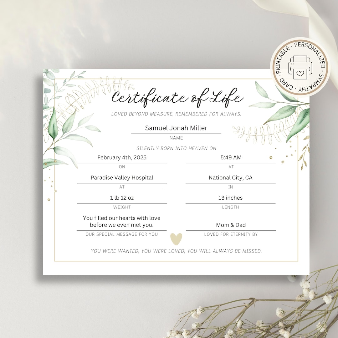 Personalized Printable Certificate of Life for Stillbirth, Digital ...