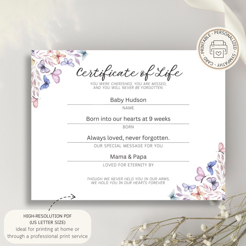 Butterfly Certificate of Life, Infant Loss Memorial, Miscarriage Print ...