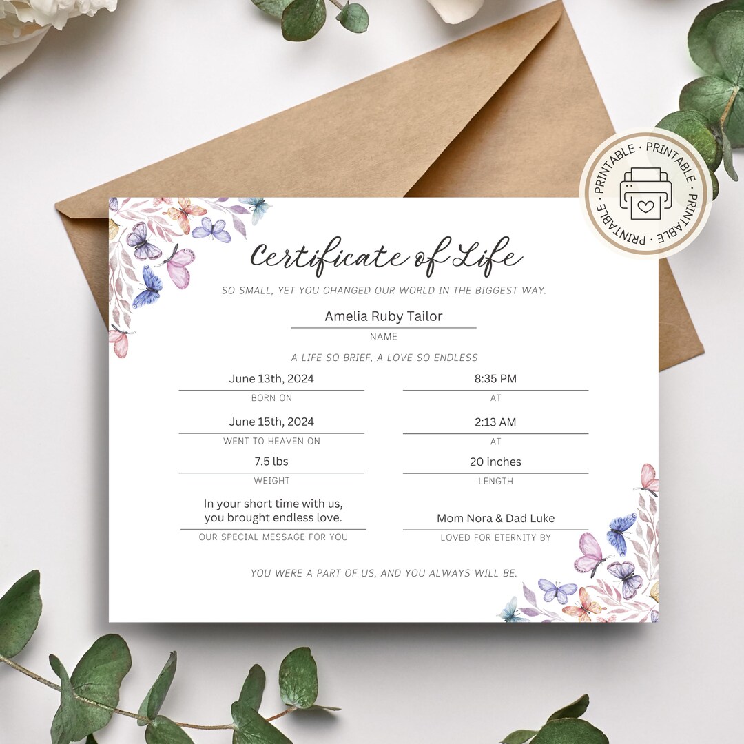 Personalized Certificate of Life: Neonatal Loss Remembrance Gift (PDF ...