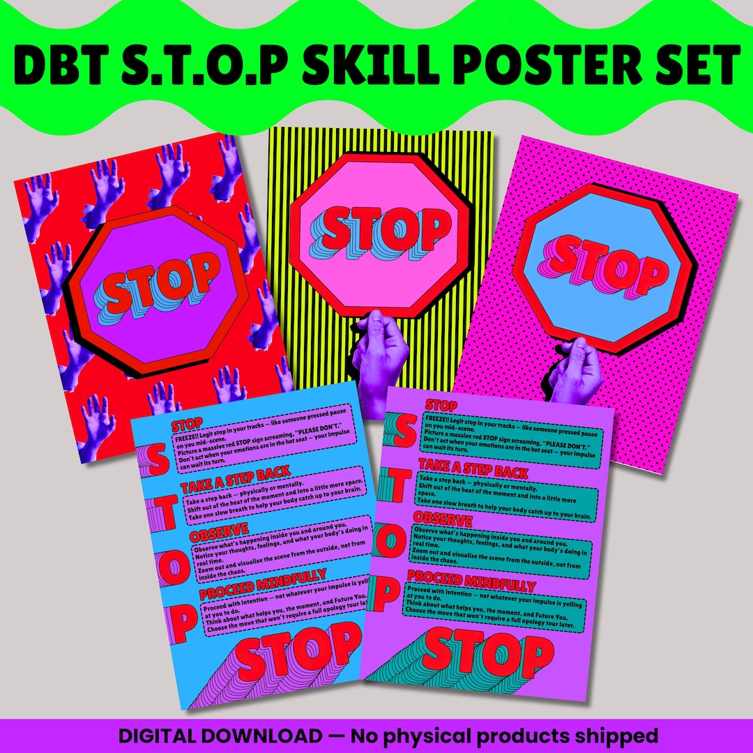 STOP Skill Poster Bundle • DBT Distress Tolerance • Neon STOP Technique ...