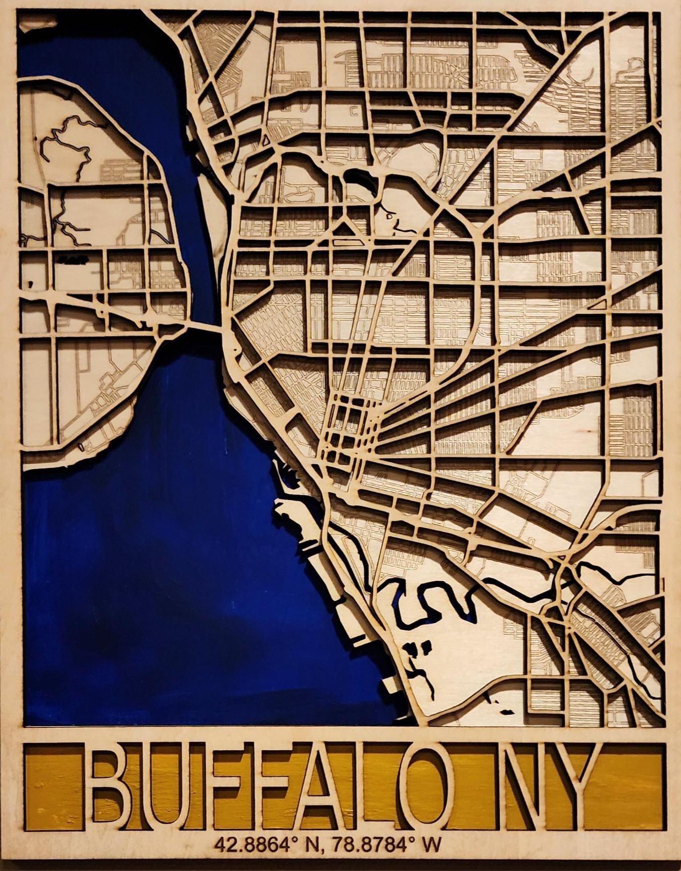 Laser Cut Wood Map: Buffalo New York Street Art