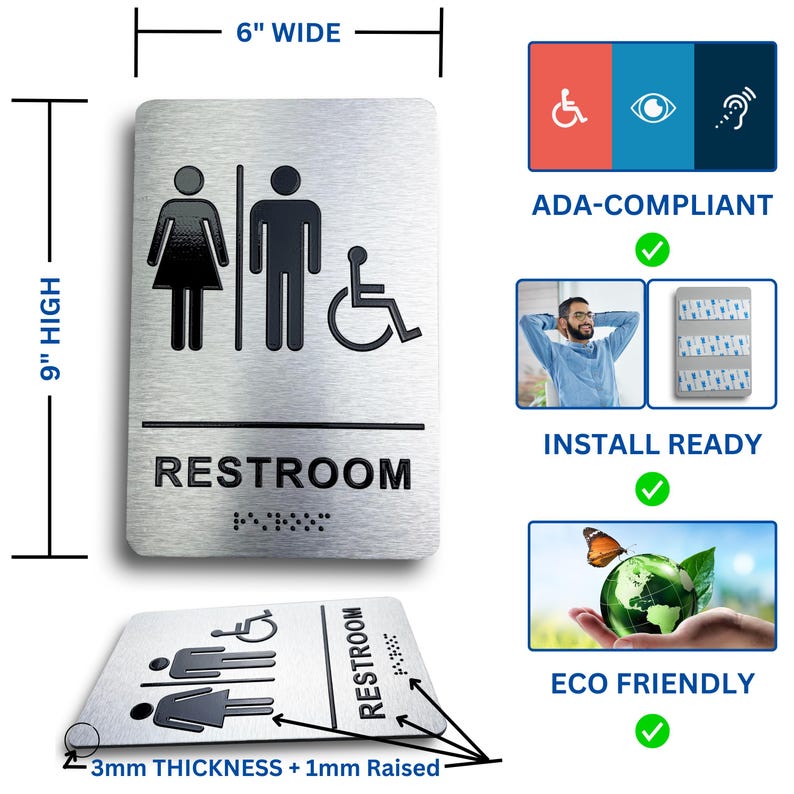 Restroom Sign Braille ADA Compliant Restroom Signs | Aluminum 6x9 ...