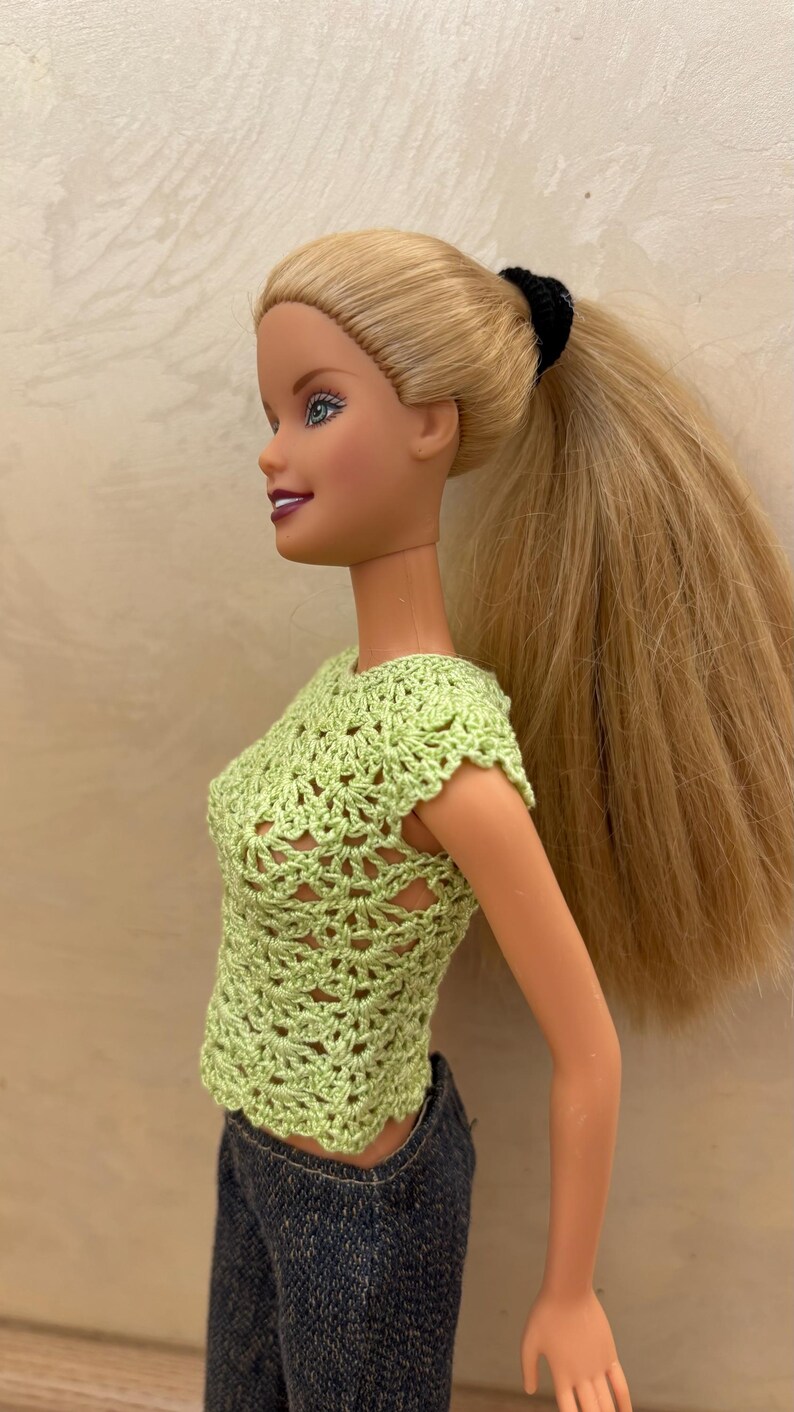 Lace Crochet Doll Top in Pink Yellow Green and Flared Jeans for Fashion ...