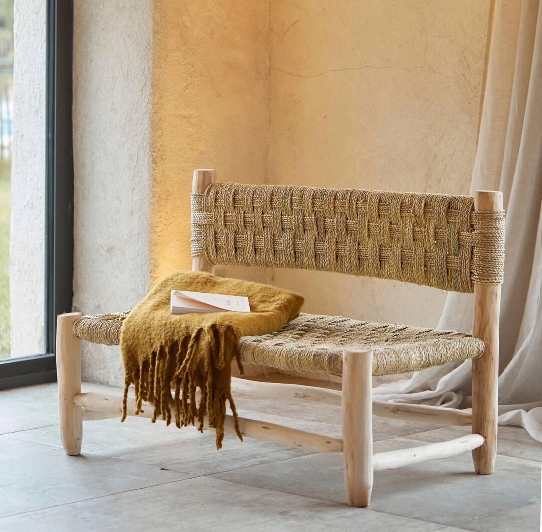 Handcrafted Moroccan Bench With Woven Rope Seat and Backrest Rustic ...