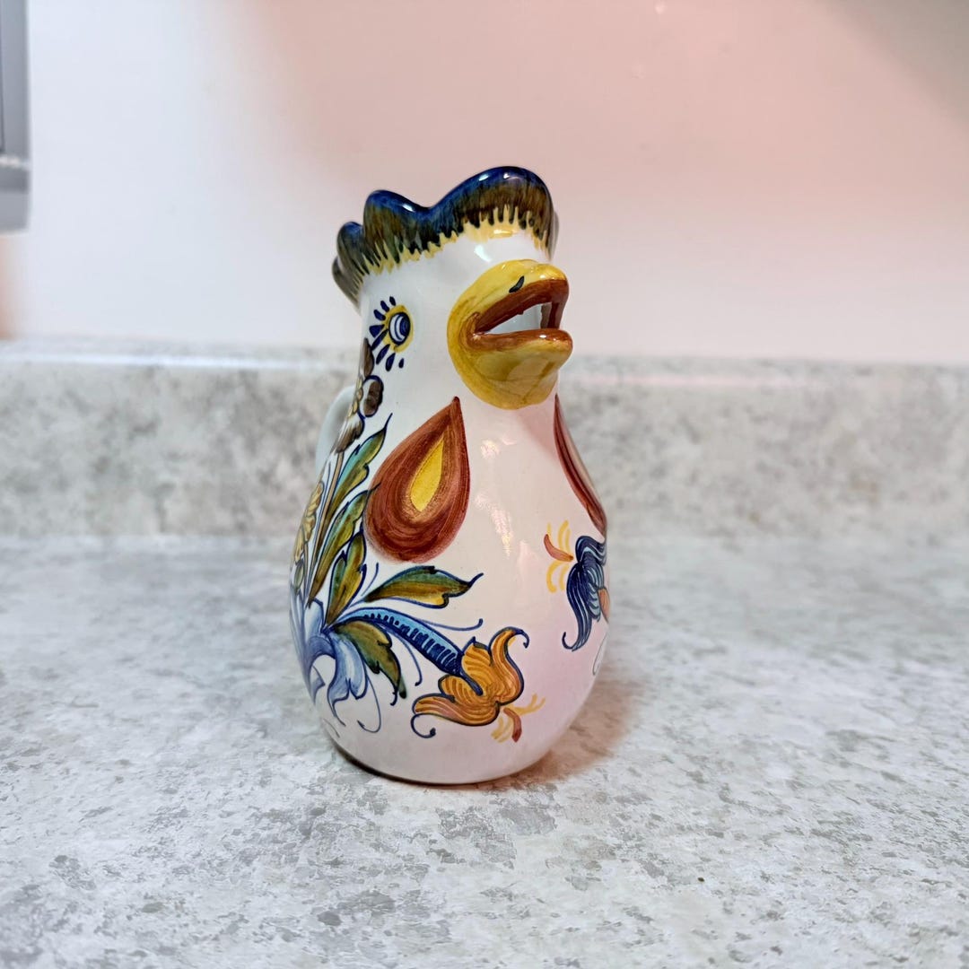 Small Ceramic Rooster Pitcher, Hand Painted Floral Design, Handmade ...