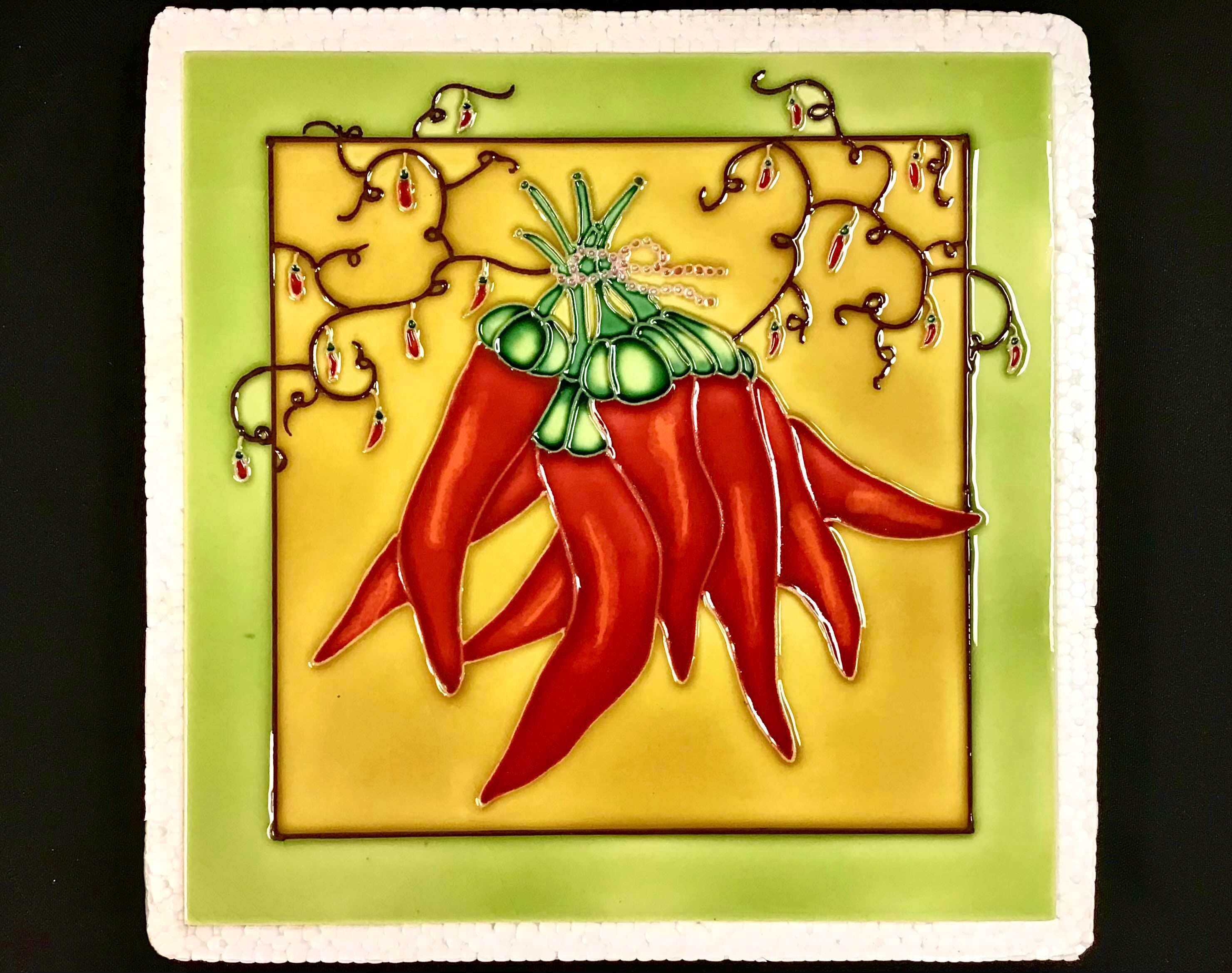 Folk Art Red Chile Peppers Vintage Handmade Glossy Ceramic Tile to Hang ...