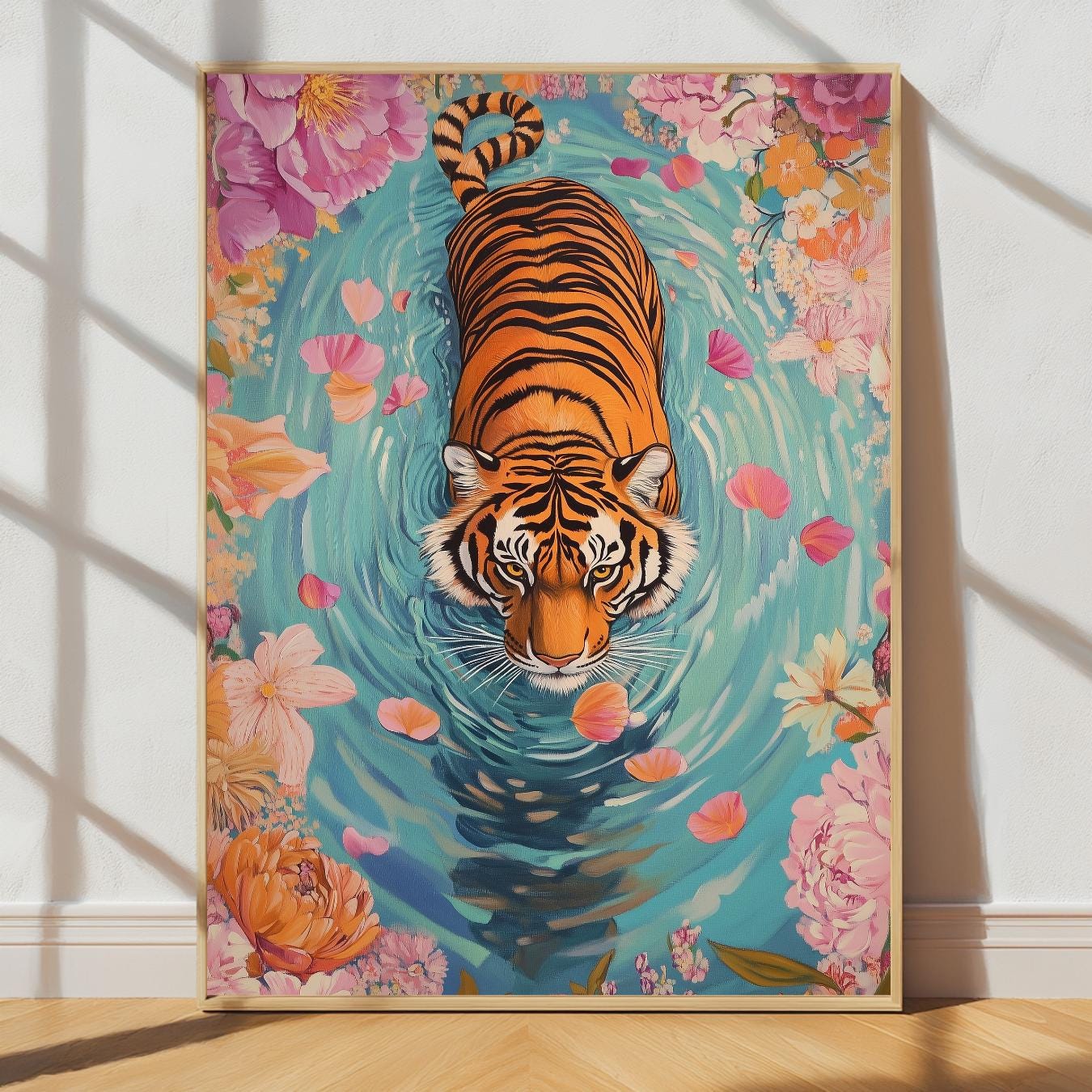 Tiger Wall Art | Maximalist Tiger in Pool With Flowers | Orange and ...