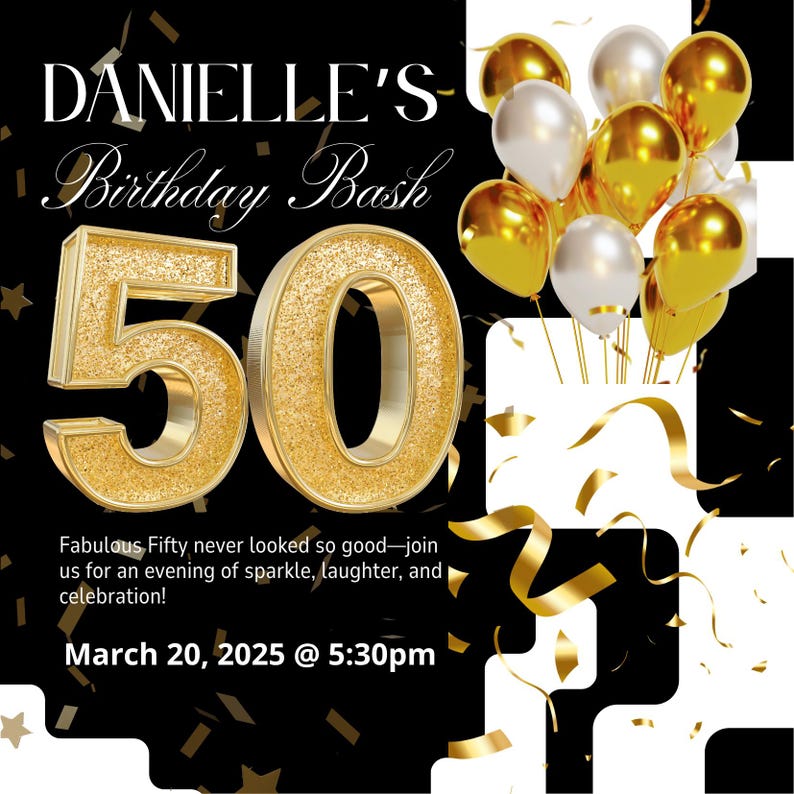 Editable Black and Gold 50th Birthday Invitation (digital) - Etsy